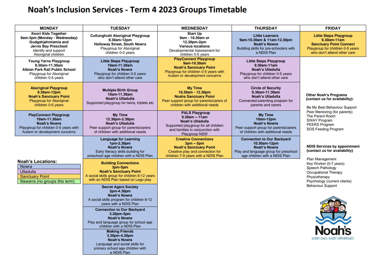 Term 4 2023 Groups Timetable - Noahs